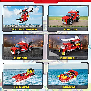 City Rescue Car Building Blocks Toy, Roleplay Parent-Child Set, Firefighter Kit with Fire Truck, Life Boat, Helicopter, Fire Extinguisher Educational Toys Thanksgiving Gift for Kid 6+ (Fire Station)