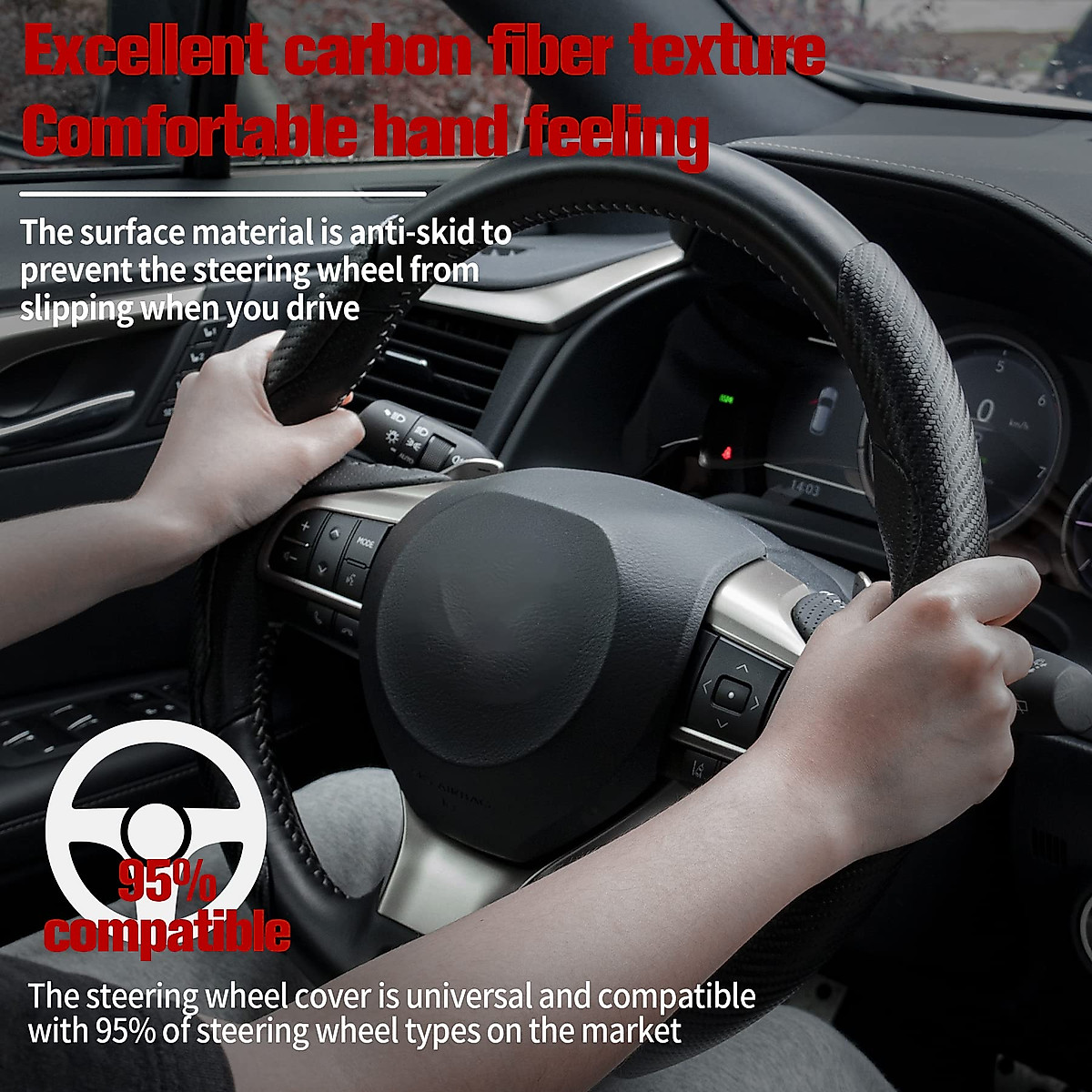 Amiss Car Carbon Fiber Anti-Skid Steering Wheel Cover, Segmented Steering Wheel Protector, Butterfly Cover, Universal 99% Car Wheel Cover Protector, Car Interior Accessories (Black)