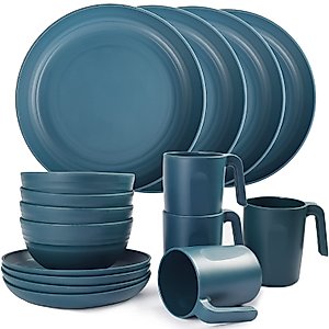 Shopwithgreen Plastic Dinnerware Sets (16PCS) - Lightweight & Unbreakable Dinnerware Set - Microwave Safe Plates Set, Bowls, Cups Mugs, Service for 4, Great for Kids & Adult