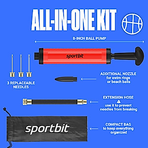 SPORTBIT Ball Pump with 3 Needles, Nozzle, Extension Hose, Pouch - Great Air Pump for Exercise Sport Balls - Football & Soccer, Basketball, Volleyball Pump, Swim Inflatables