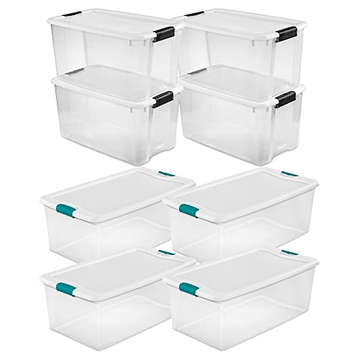 Sterilite Storage System Solution with 106 Quart Clear Latching Storage Tote, 4 Pack and 66 Quart Plastic Stackable Storage Tote, 6 Pack