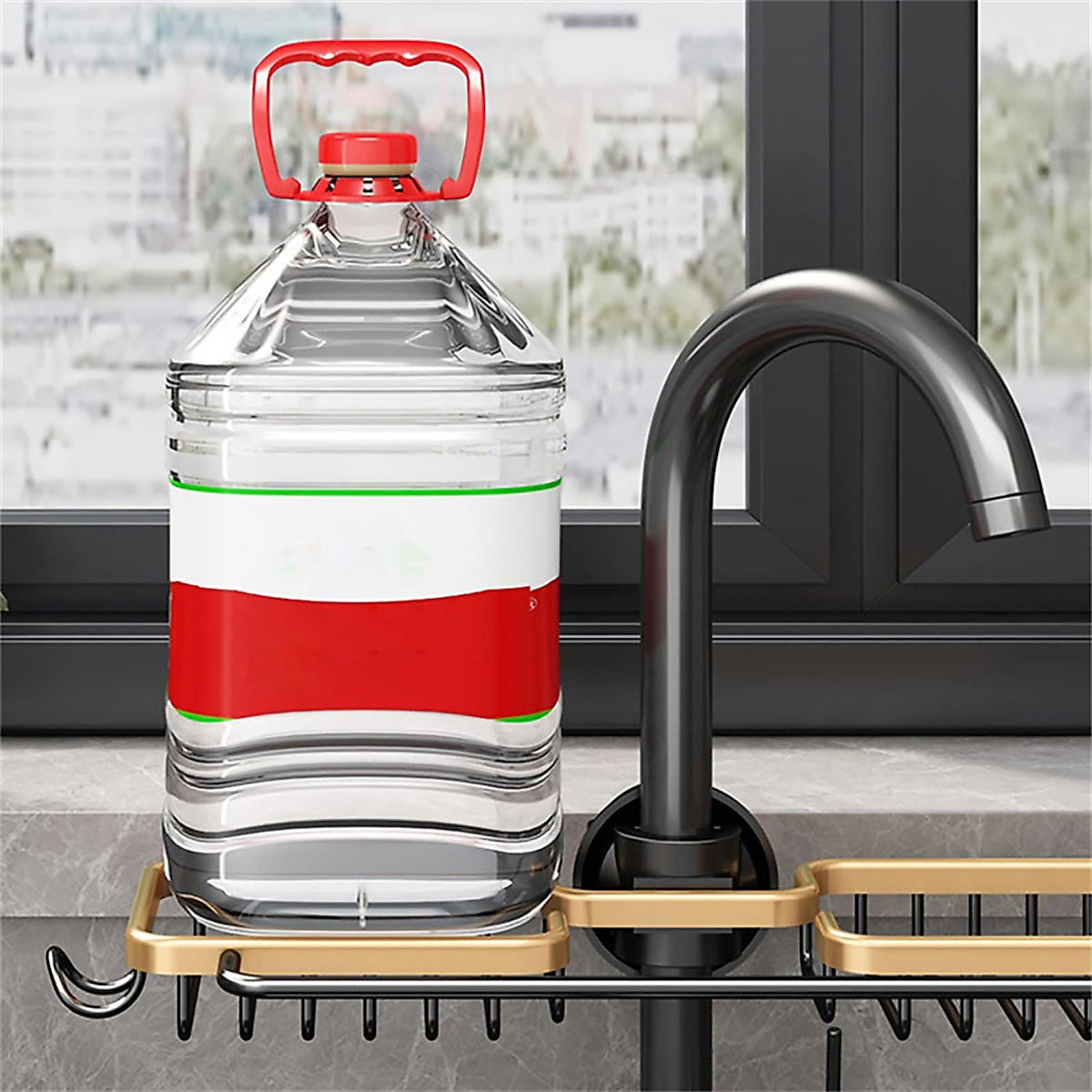 Swovo Dish Sponge Holder, Aluminum Dish Towel Organizer with Dish Towels Drying Rack and Hooks for 0.7"-1.1" Diameter Kitchen Sink Faucets (Black+Gold)