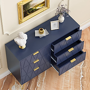 UEV 6 Drawer Dresser,Modern Dresser Chest with Wide Drawers and Metal Handles,Wood Storage Chest of Drawers for Bedroom,Living Room,Hallway,Entryway (Navy Blue)