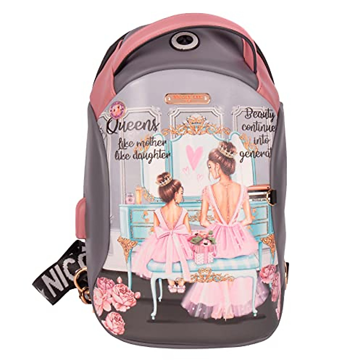 Nicole Lee Sling Backpack with USB Charging and Earphone Ports, Top Handle Travel School Crossbody Bag, Adjustable Strap (Double Queens)