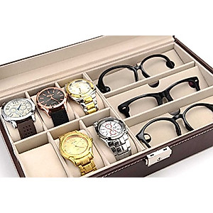 AUTOARK Leather 6 Watch Box Jewelry Case and 3 Piece Eyeglasses Storage and Sunglass Glasses Display Case Organizer,Brown,AW-020