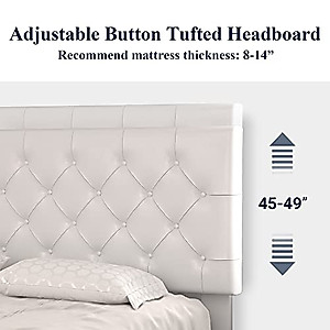 Allewie Full Bed Frame with Adjustable Diamond Stitched Button Tufted Headboard/Faux Leather Upholstered Platform Bed with Easy-Assembly Wood slats, White