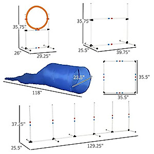 PawHut Dog Agility Equipments, 5 Pieces Obstacle Courses Training Starter Kit, Pet Outdoor Games of Tunnel, Dog Jump, Hoop, Weave Poles, Pause Box and Easy Carry Case