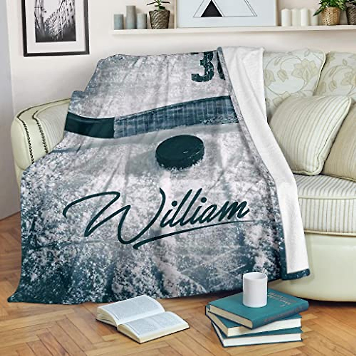 OhaPrints Blue Ice Hockey Blanket Hockey Stick and Puck Soft Sherpa Throw Blankets Cozy Fuzzy Fleece Throws for Tv Sofa Couch Comfy Fluffy Blanket 30X40 50X60 60X80