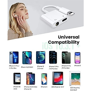 2 Pack Headphone Adapter for iPhone, [Apple MFi Certified] 2 in 1 Lightning to 3.5mm AUX Audio + Charger Splitter Compatible with iPhone 14/13/12/11/XS/XR/X 8/iPad, Support All iOS System