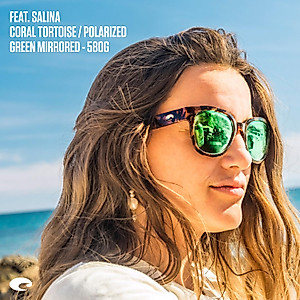 Costa Del Mar Womens Salina Rectangular Sunglasses, Coral Tortoise/Polarized Green Mirrored 580G, 53 mm