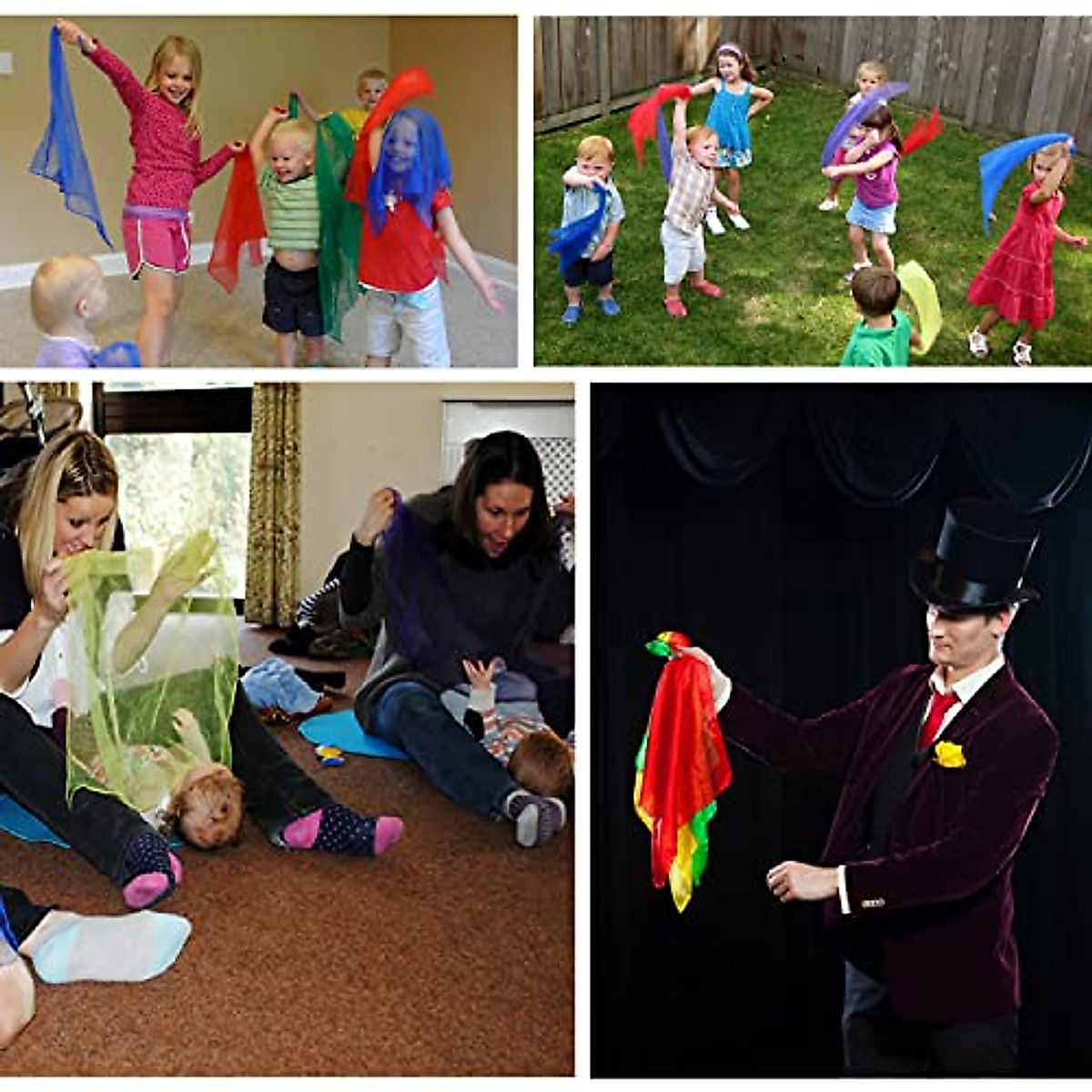 Lolakee Dance Scarves for Kids Play 12 Pcs Upgraded Play Scarves for Babies Toddlers Children Movement Square Juggling Silk Music Dancing Scarf Rhythm Band Scarves Pro (6 Colors,24" x 24")