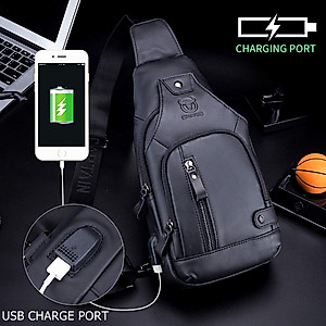 BULLCAPTAIN Men Sling Crossbody Bag with USB Charging Port Genuine Leather Shoulder Chest Bag Travel Hiking Backpack (Black)