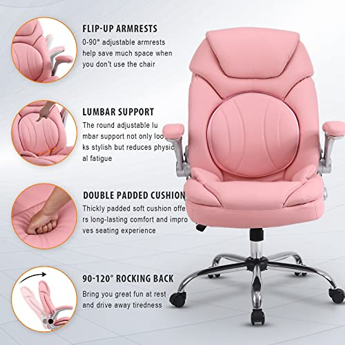 Comermax Ergonomic Executive Office Chairs with Adjustable Lumbar Support, 90-120° Rocking Managerial Chair Swivel Desk Chairs with Padded Flip-up Armrests (Pink), Medium(300lbs)