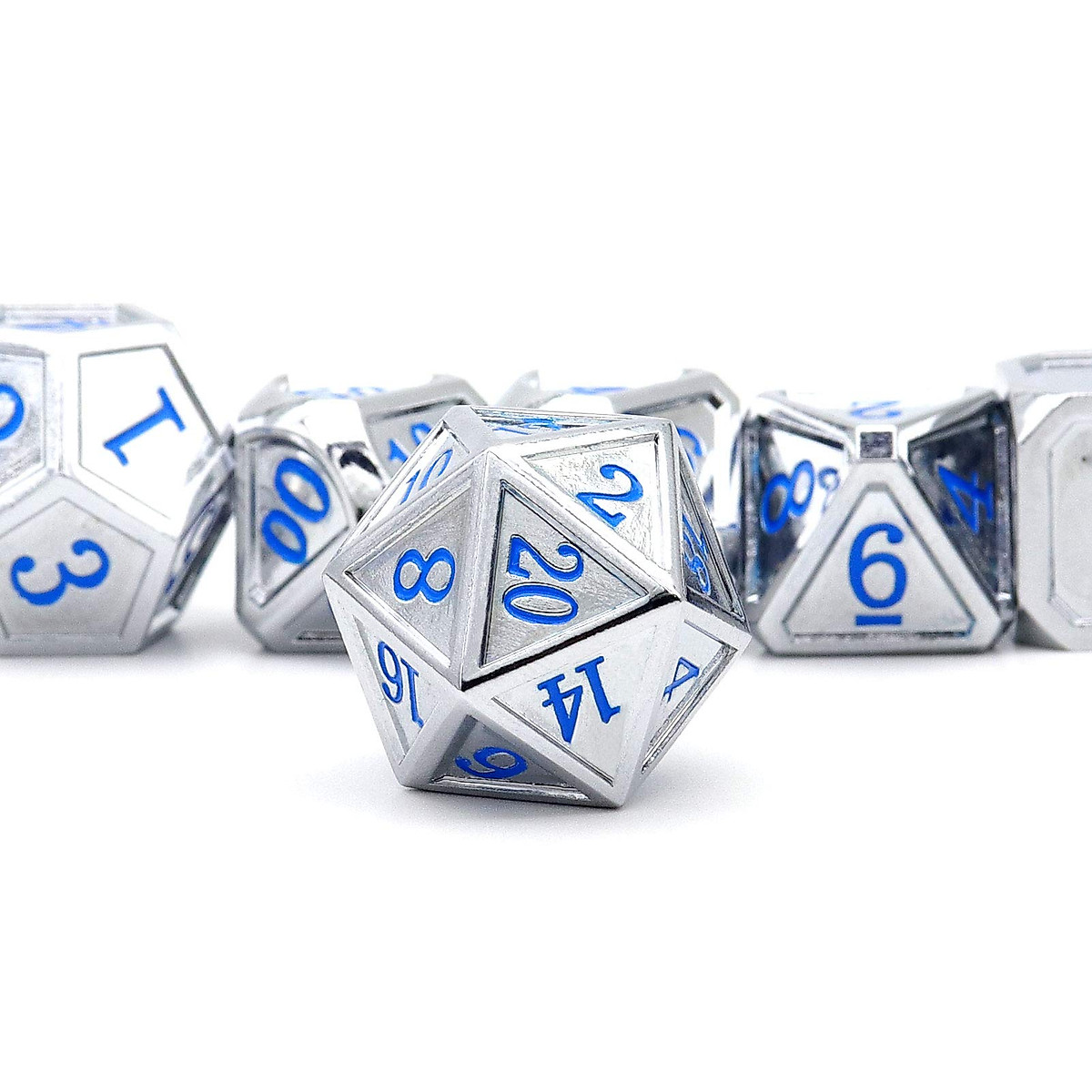 Haxtec Metal DND Dice Set Silver W/ Gift Metal Case D&D Polyhedral Dice for Dungeons and Dragons TTRPG-Silver Blue Numbers