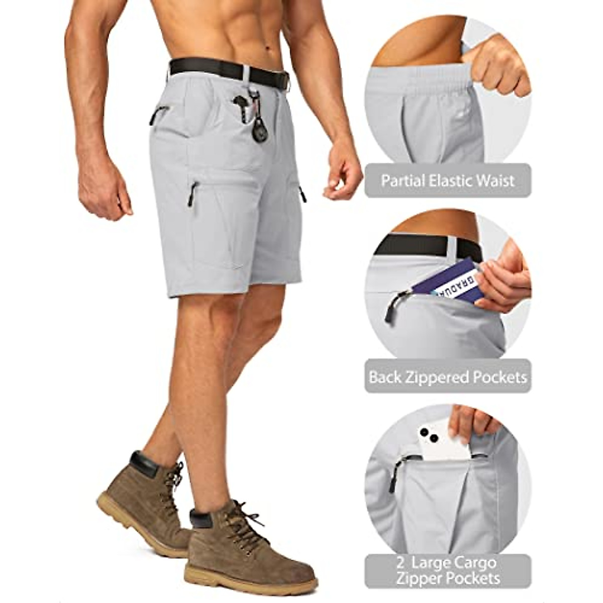 Men's Hiking Cargo Shorts Stretch Quick Dry Outdoor Tactical Shorts for Men with Multi Pocket for Fishing Casual(Light Grey,L)