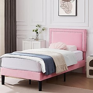 VECELO Twin Size Platform Bed Frame with Height Adjustable Upholstered Headboard, Modern Mattress Foundation,Strong Wood Slat Support, No Box Spring Needed, Easy Assembly