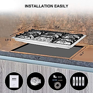 thermomate 36 Inch Gas Cooktop, Built In Gas Rangetop with High Efficiency Burners, NG/LPG Convertible Stainless Steel Gas Stove Top with Thermocouple Protection, 120V AC
