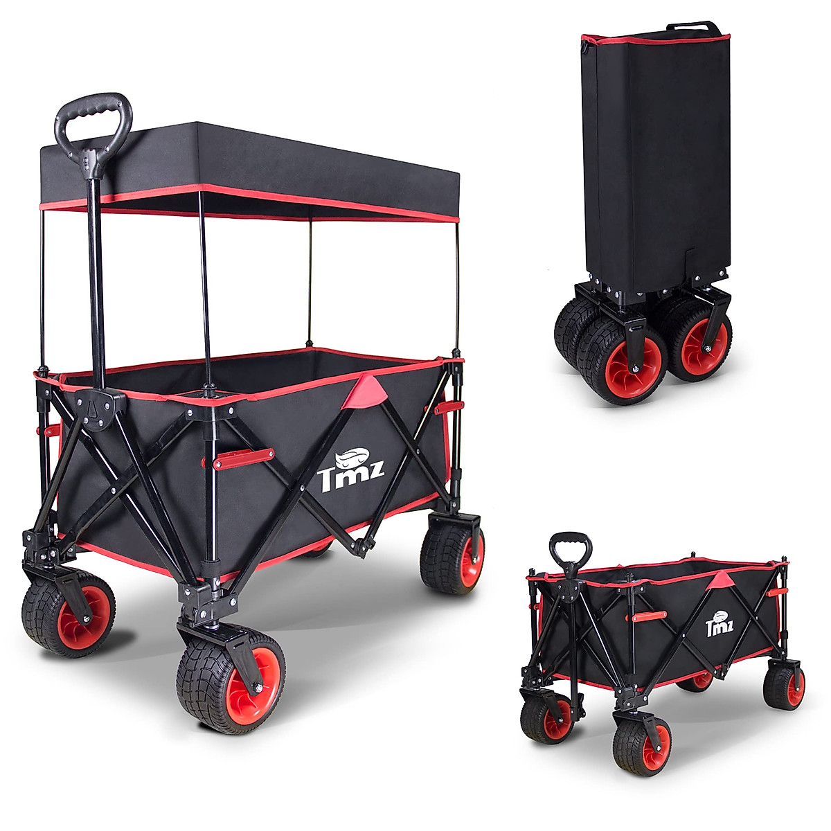 TMZ Collapsible Folding Wagon Cart, Outdoor Utility Garden Cart, Heavy Duty Camping Wagon with Big Wheels，Foldable Wagon for Sports, Shopping, Fishing and Beach(Black/Red)