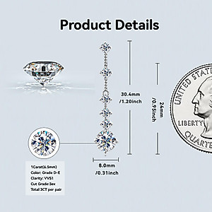 Moissanite Dangle Earrings for Women, 925 Sterling Silver Drop Wedding Earrings for Brides Bridesmaid with 1 ct D Color Moissanite Simulated Diamond, Long Chain Bridal Stud Earrings