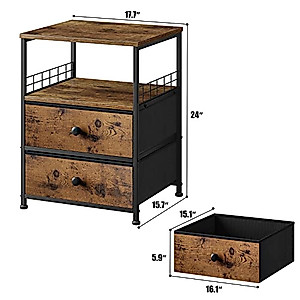 EnHomee Nightstand Set of 2, Bedside Table with Fabric Drawers and Open Wood Shelf Storage, Industrial Bed Side Table, Night Stand for Bedroom, Living Room, Dorm, Easy Assembly and Pull, Rustic Brown