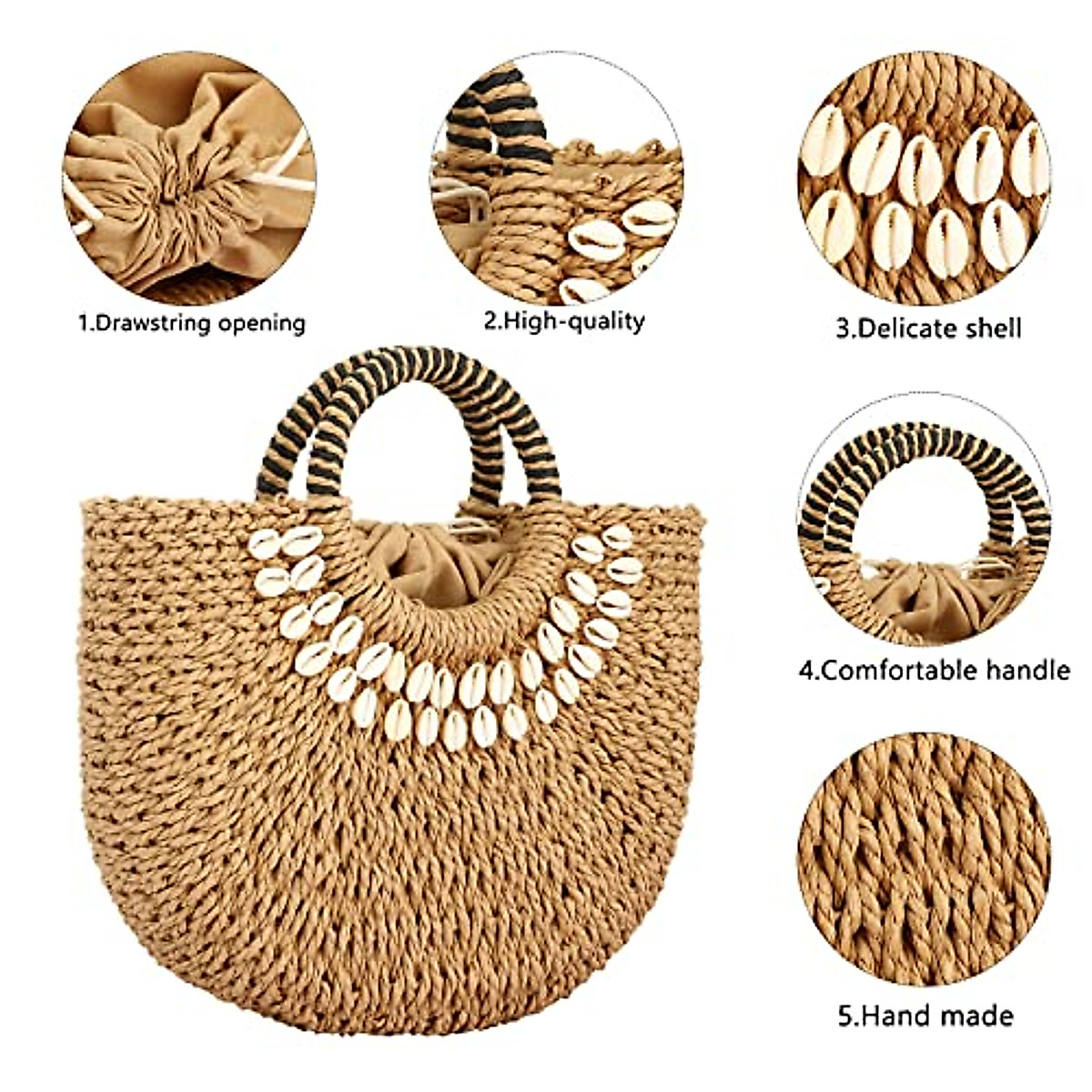 Beach Bag for Women Straw Top-Handle Bags Summer Woven Beach Tote Bag (Brown)