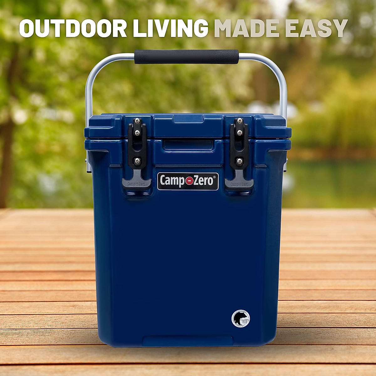 CAMP-ZERO 16L Tall Cooler/Ice Chest with 2 Molded-in Cup Holders & Folding Aluminum Handle | Thick Walled, Freezer Grade Cooler with Secure Locking System & Removable Divider (Navy Blue)