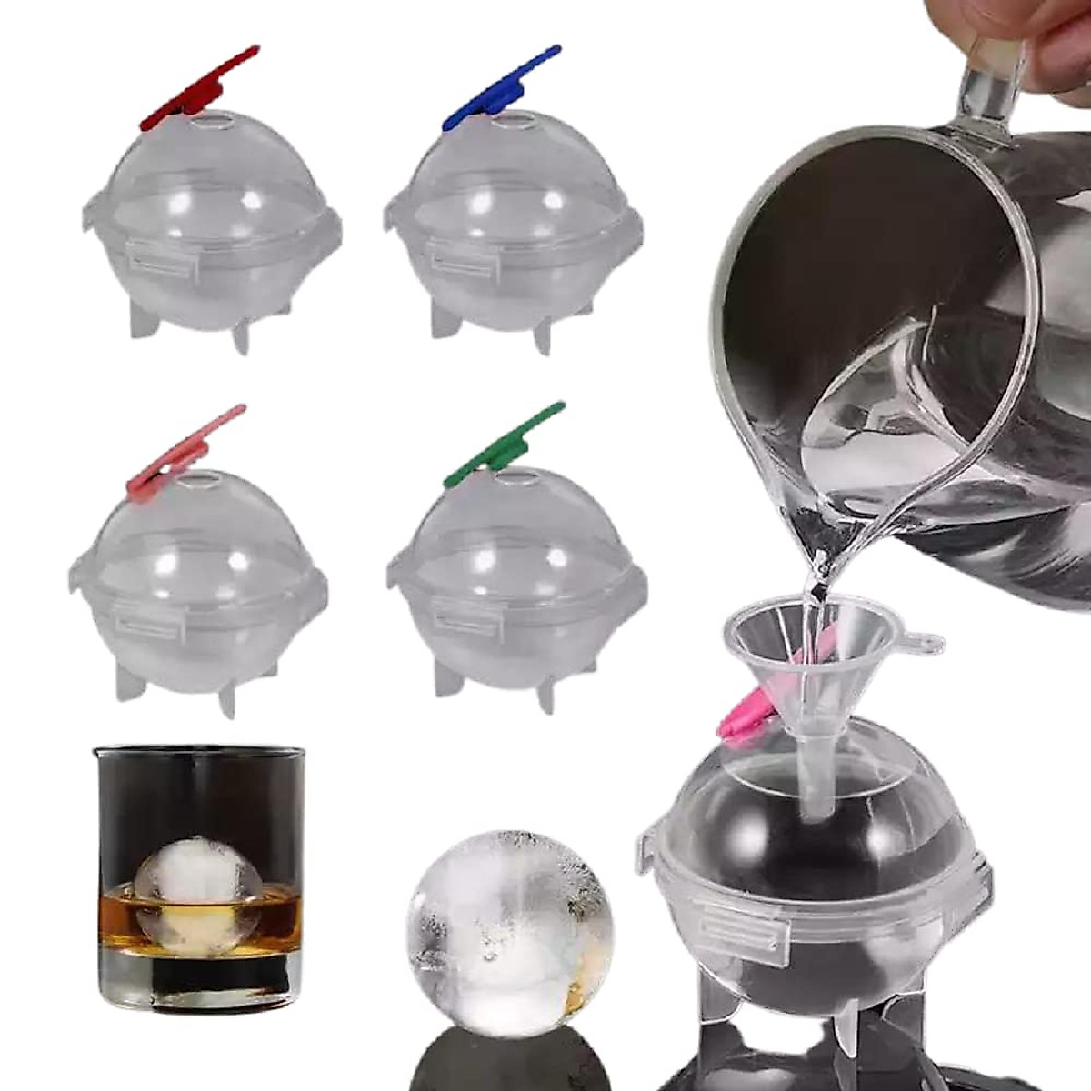 4 Pack 2" Large Round Ice Cube Ball Maker Molds Bar Whiskey Stones Party Includes Mini Funnel Funnel (1)