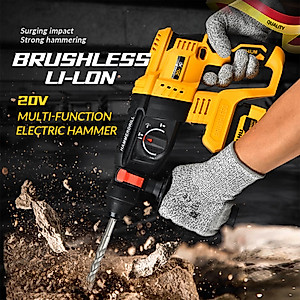 Cordless Rotary Hammer Drill for Dewalt 20V MAX Battery, Brushless SDS Rotary Hammer with Safety Clutch for Concrete/Masonry, 4 Modes with 360°Auxiliary Handle and 4 Drill Bits (Battery not included)