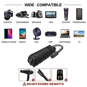 BYGD 150W Car Power Inverter for Vehicles, DC 12V to 110V AC Car Plug Adapter Outlet Converter with 1 Cigarette Lighter Socket, 3 AC Outlets, Dual 4.8A Fast Charging USB Ports for Digital Devices