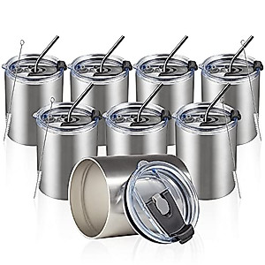 MEWAY 12oz/8Pack Coffee Mug With Lid, Insulated Stainless Steel Reusable Coffee Cup, Double Wall Durable Coffee Mug, Powder Coate，For Coffee, Beer, Home, Office(Silver,8 Pack)