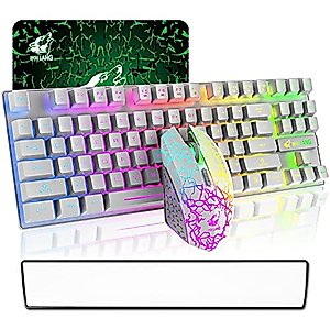 Wireless Gaming Keyboard Mouse and Wrist Rest Set with 87 Key Rainbow Backlight Rechargeable 3800mAh Battery Mechanical Feel Anti-ghosting Ergonomic Waterproof Mute Mice for PC Mac Gamer (White Mix)