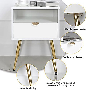 White Mid Century Modern Nightstand, Wood End Table for Living Room, Bed Side Table, Night Stand with Drawer and Shelf, Sturdy Construction, Easy Assembly