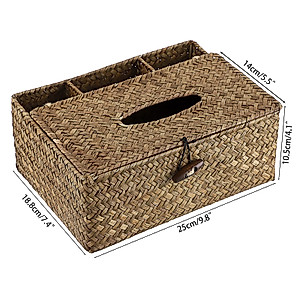 Sumnacon Seagrass Rectangular Tissue Box Cover - Multifunctional Tissue Holder with Stationery Remote Control Box, Decorative Tissue Pen Remote Organizer for Desktop Livingroom Home Office, Caramel