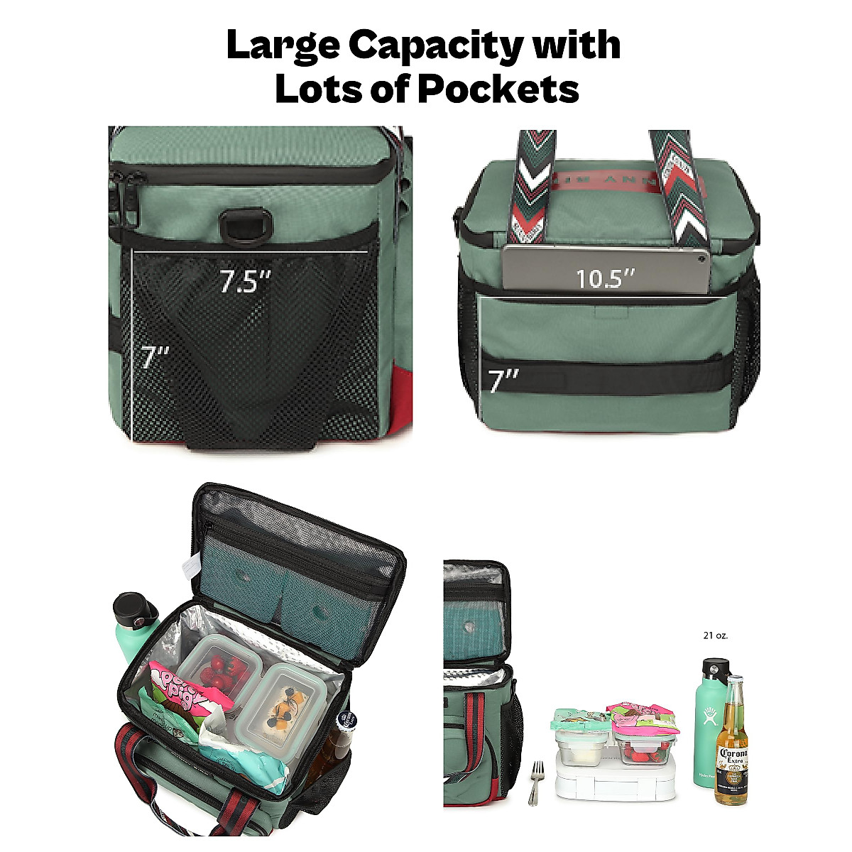 SUNNY BIRD 12L Large Insulated Lunch Bag, Foldable Lunch Cooler Box for Women Adult and Men, Fits 18 Cans (Green with boho strap)