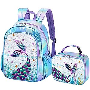 WAWSAM Glitter Mermaid Backpack Set - Sparkly School Backpack with Lunch Box for Girls Preschool Kindergarten Elementary 15” Blue Hiking Travel Book Bag Schoolbag Insulated Lunch Bag