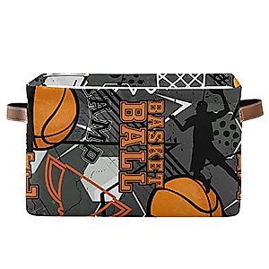 susiyo Grunge Basketball Modern Open Storage Bins 1 Pack, Large Canvas Storage Baskets with PU Handles Collapsible Storage Box Organizers for Home Closet Nursery Toys Dorm Office Laundry