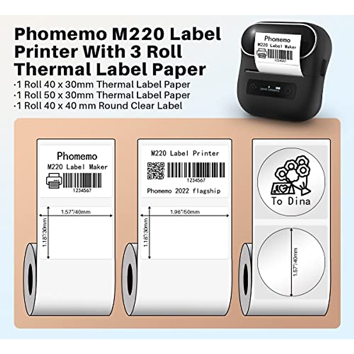 Phomemo M220 Label Maker, Bluetooth Label Printer, 3.14 Inch Portable Thermal Label Maker Machine for Barcode, Labeling, Organizing, Small Business, Compatible with iOS & Android, with 3 Label