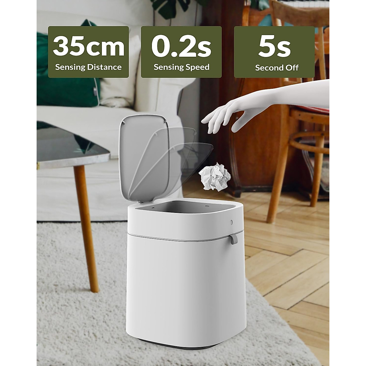 IntreLife Automatic Trash Can, 3.5 Gallon Self-Sealing and Self-Changing Smart Trash Can, Rechargeable Touchless Motion Sensor Trash Bin with Lid for Bathroom Kitchen Office Bedroom(White)