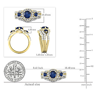 Dazzlingrock Collection Round Blue Sapphire & White Diamond Ladies 3 Stone Halo Wedding Ring Set 10K Yellow Gold, Size 5.5