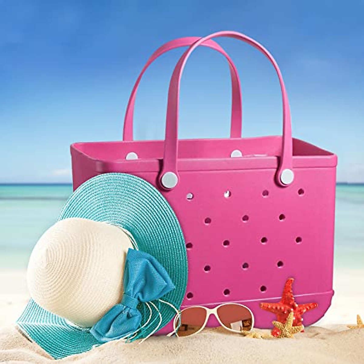 SKoosB Large Beach Bag, Waterproof Tote Bag for Women, Durable Rubber Beach Tote Bag, Portable Travel Handbag, Washable Beach Storage Basket for Beach Pool Sports(Rose Red)
