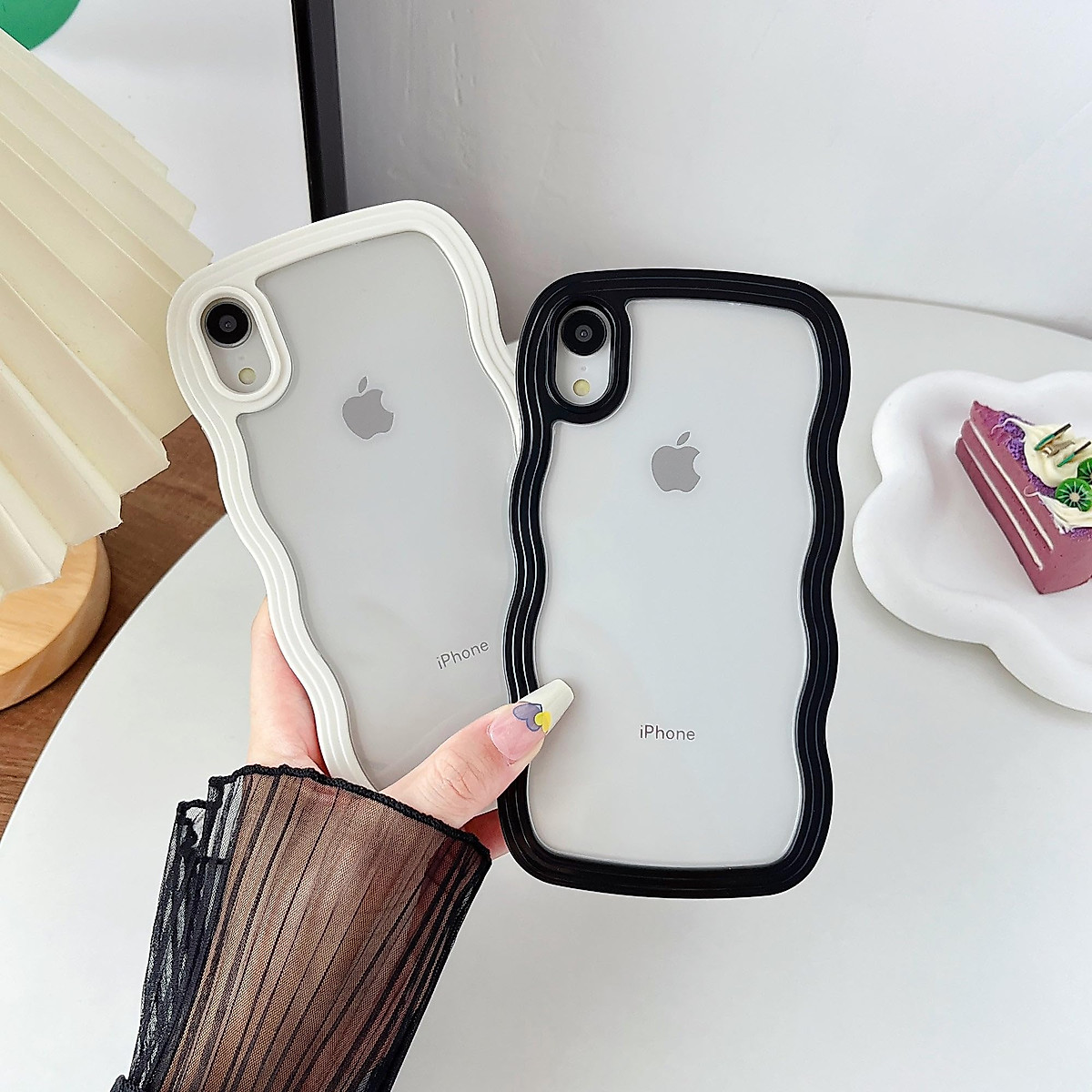 Caseative for iPhone Xr Case, Cute Curly Wave Frame Shape Shockproof Soft Compatible with iPhone Case (White,iPhone Xr)