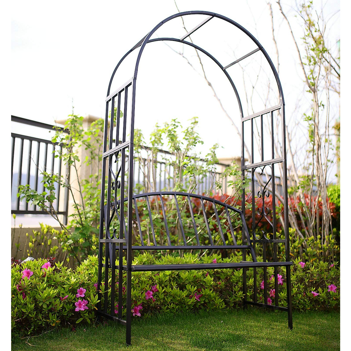 Better Garden Steel Garden Arch with Seat for 2 People, 6'7" High x 3'7" Wide, Garden Arbor for Various Climbing Plant, Outdoor Garden Lawn Backyard