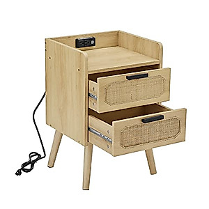 2 PC Nightstands with 2 Natural Rattan Decorated Drawers, Bedside End Table Side Table with 2 AC Outlets & 2 USB Ports, Solid Wood Legs & Particle Board Frame, Natural