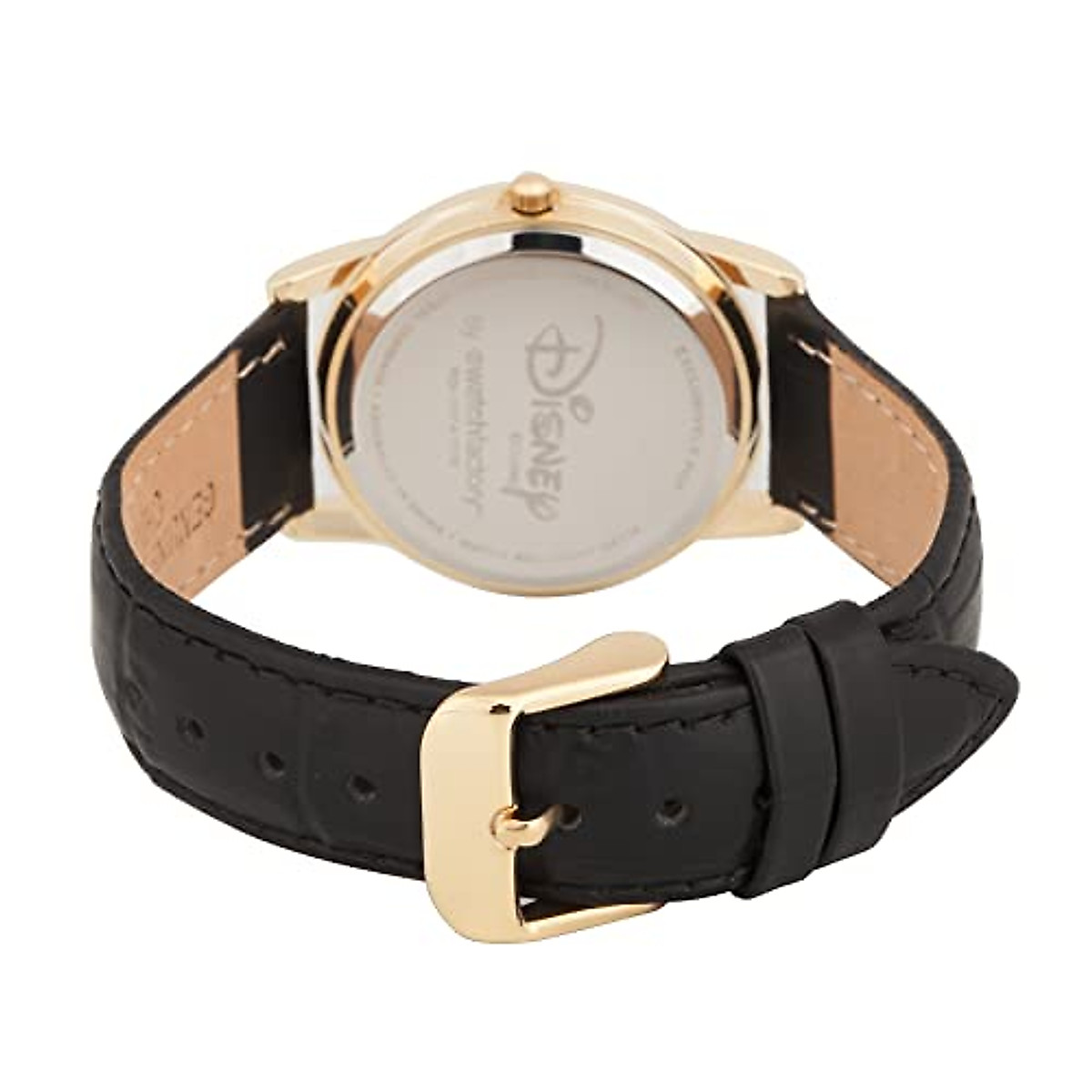 Disney Mickey Mouse Adult Classic Cardiff Articulating Hands Analog Quartz Leather Strap Watch, Gold/Black