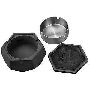 FREELOVE Geometry Concrete Ashtray with Lid & Stainless Steel Ashtrays for Cigarettes, Cement Ash Tray Weed Smoking Holder Indoor Smokeless Outdoor Windproof Patio Home Office Cool Decor, Dark Grey C