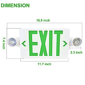 Green LED Exit Sign with Emergency Lights, Two LED Adjustable Head Emergency Exit Lights with Battery Backup, Dual LED Lamp ABS Fire Resistance UL-Listed 120-277V