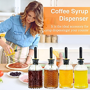 Oudizz 4pcs Syrup Dispenser Bottles for Coffee Bar, 7oz Simple Glass Syrup Bottle Set with Metal Pour Spout Ideal and labels for Syrups
