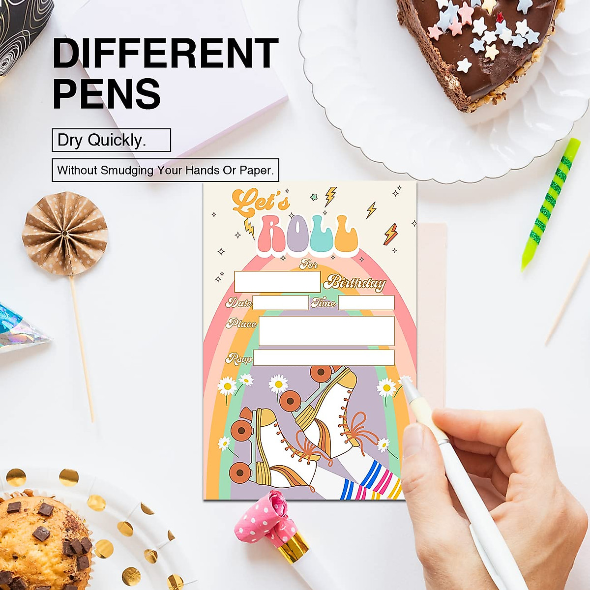 Retro Roller Skate Birthday Party Invitations with Envelopes Set of 20 Let's Roll Skating Party Invitations Kids Rainbow Skate Invites Fill in Blank