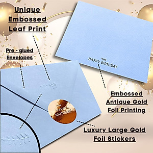 RUN2PRINT Happy Birthday Cards With Envelopes & Stickers - Elegant Dusty Blue Emboss Gold Foil Pressed - Blank Notes Wedding, Bridal, Baby Shower, Business and Formal All Occasion Cards (Dusty Blue)