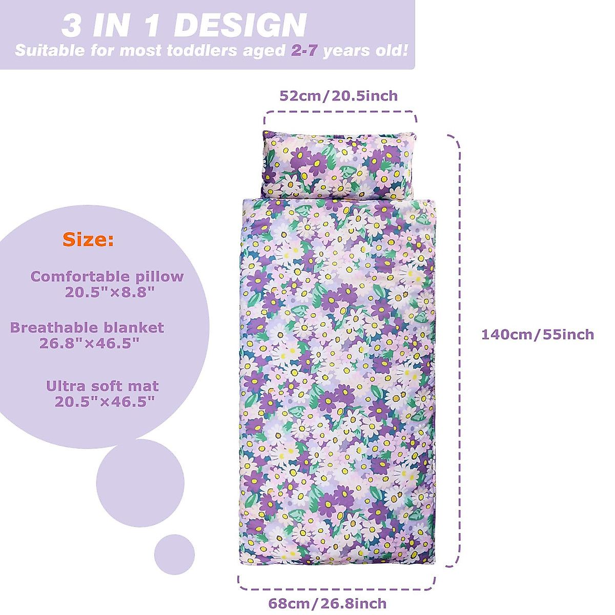 Hi Sprout Minky Dot Toddlers Nap Mat with Removable Pillow and Soft Blanket, Lightweight Daycare Preschool Kindergarten Sleeping Bag, Travel Slumber for Kids Girls Boys- Blooming Flowers